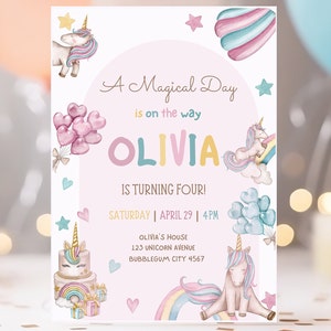 Editable Rainbow Unicorn Birthday Invitation, Magical Pastel Whimsical ...