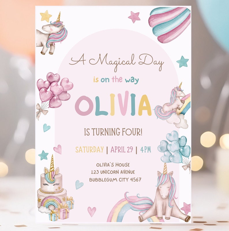Editable Rainbow Unicorn Birthday Invitation, Magical Pastel Whimsical ...