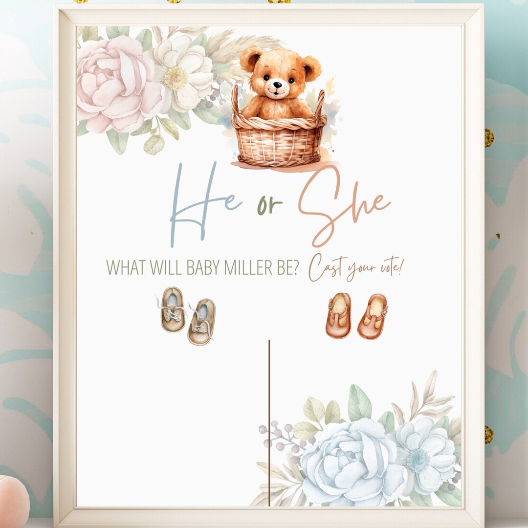 Editable He or She Gender Reveal Voting Sign Pink Blue Teddy Bear ...