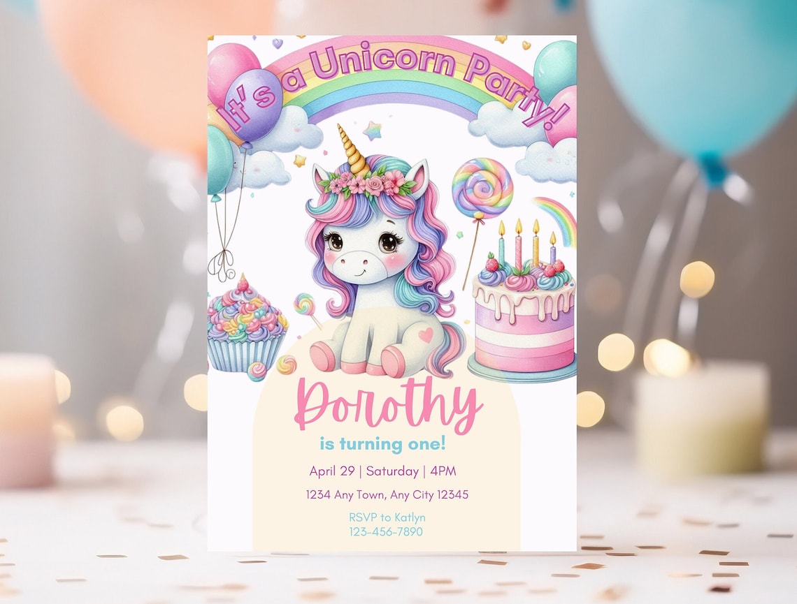 Unicorn Birthday Invitation, Pastel Rainbow Party, Whimsical Birthday ...