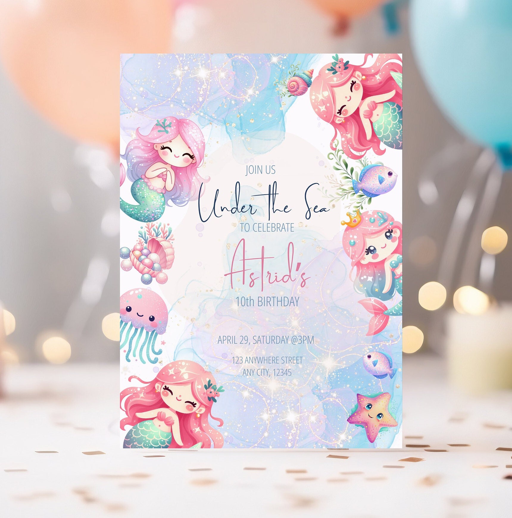Editable Mermaid Birthday Digital Invitation, With Animation, Pink ...