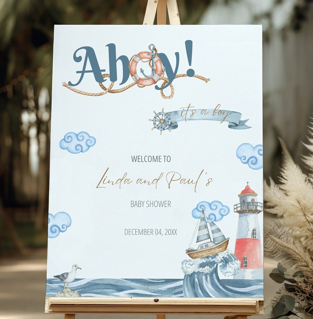 Editable Ahoy Its a BOY Baby Shower Welcome Sign, Nautical Sea Theme ...