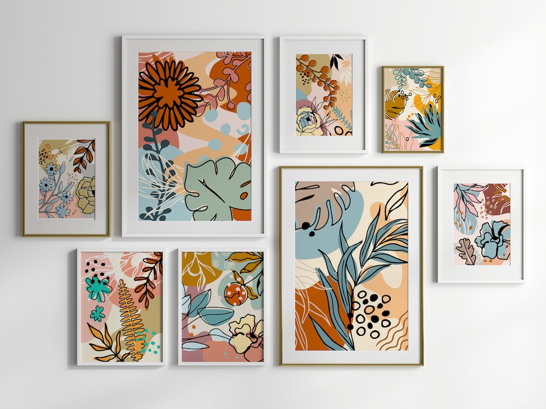 Boho Flower Gallery Set of 8 Printable Art, Boho Botanic Style Wall Art ...