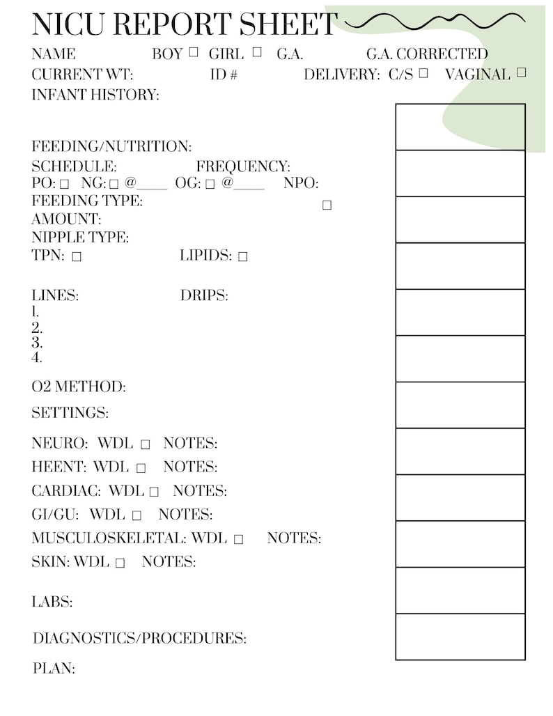 NICU Report Sheet - Etsy