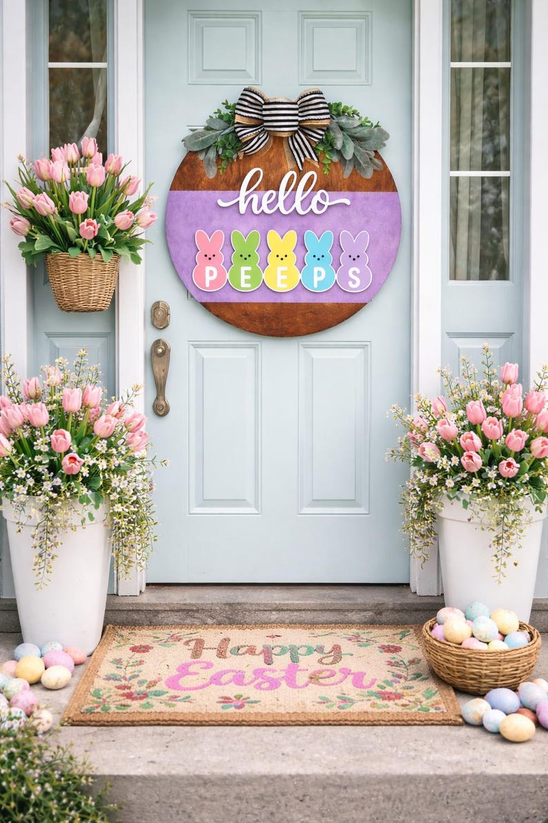 Easter Door Hanger, Happy Easter Door Hanger, Hello Peeps, Easter Home ...