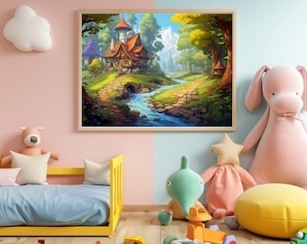 Fantasy Enchanted Treehouse Wall Art, Vibrant Riverside Cottage ...
