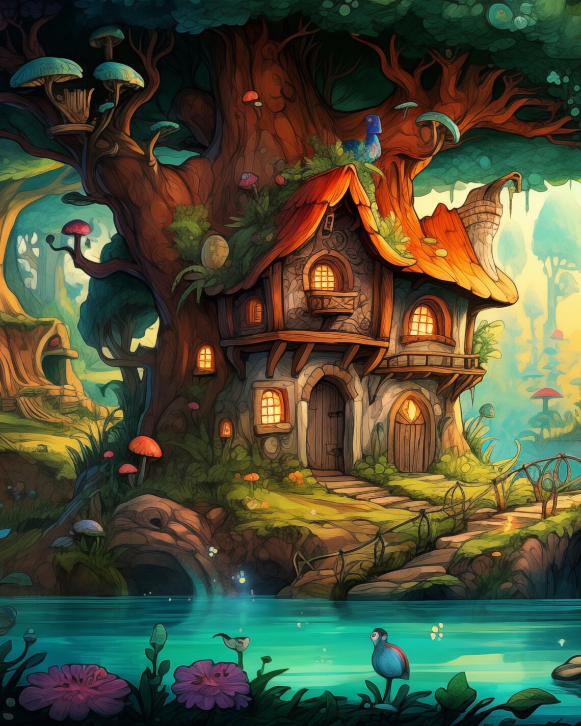 Whimsical Enchanted Forest Wall Art, Magical Riverside Cottage Painting ...