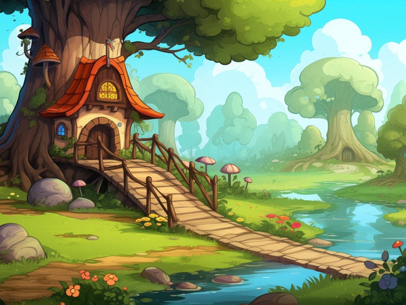 Fantasy Enchanted Treehouse Wall Art, Vibrant Riverside Cottage ...