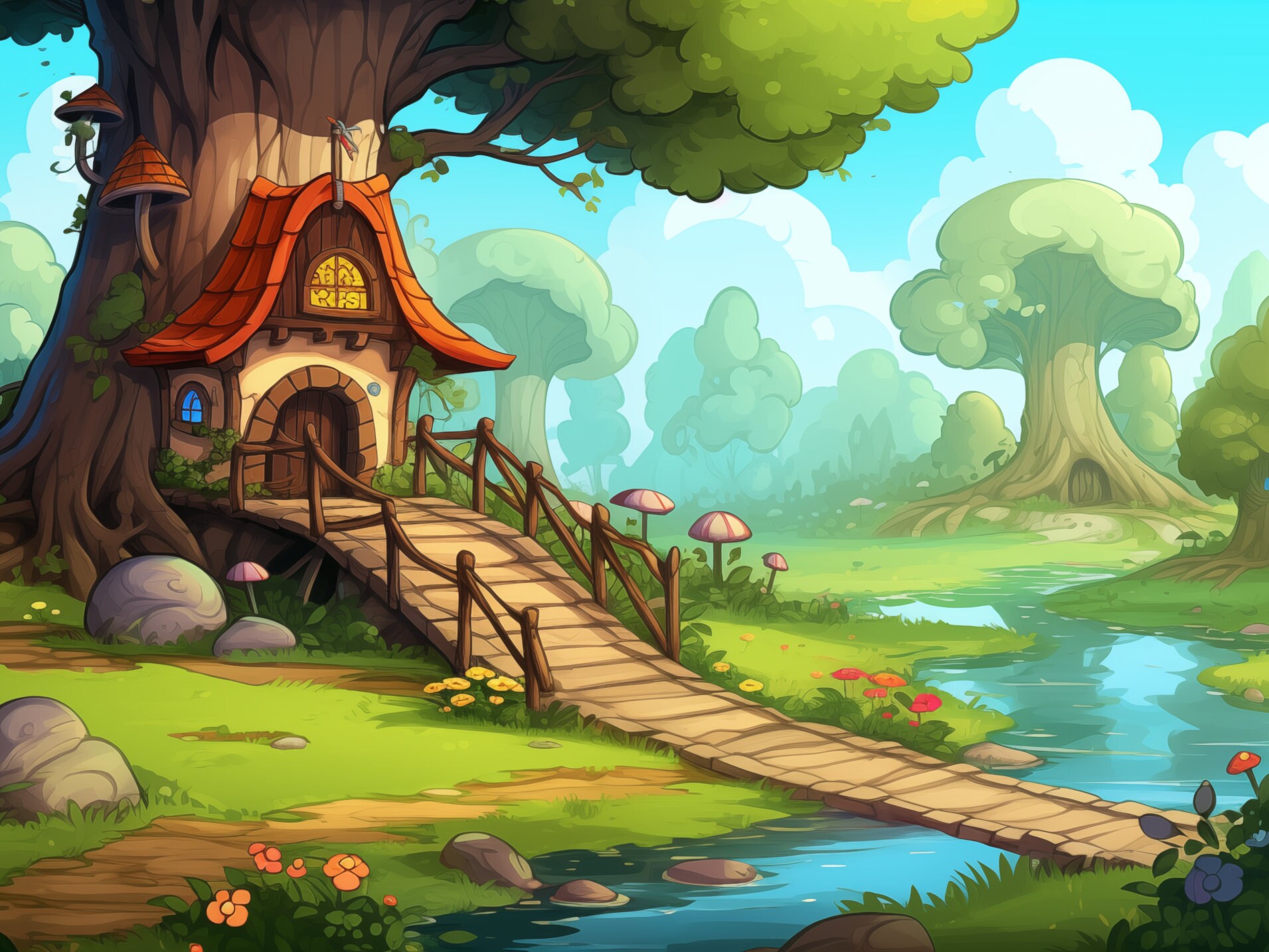 Fantasy Enchanted Treehouse Wall Art, Vibrant Riverside Cottage ...