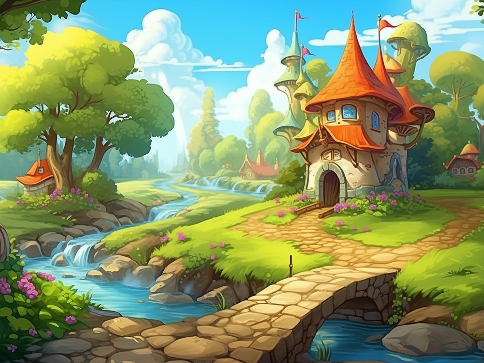 Charming Enchanted Forest Wall Art, Vibrant Riverside Cottage Painting ...