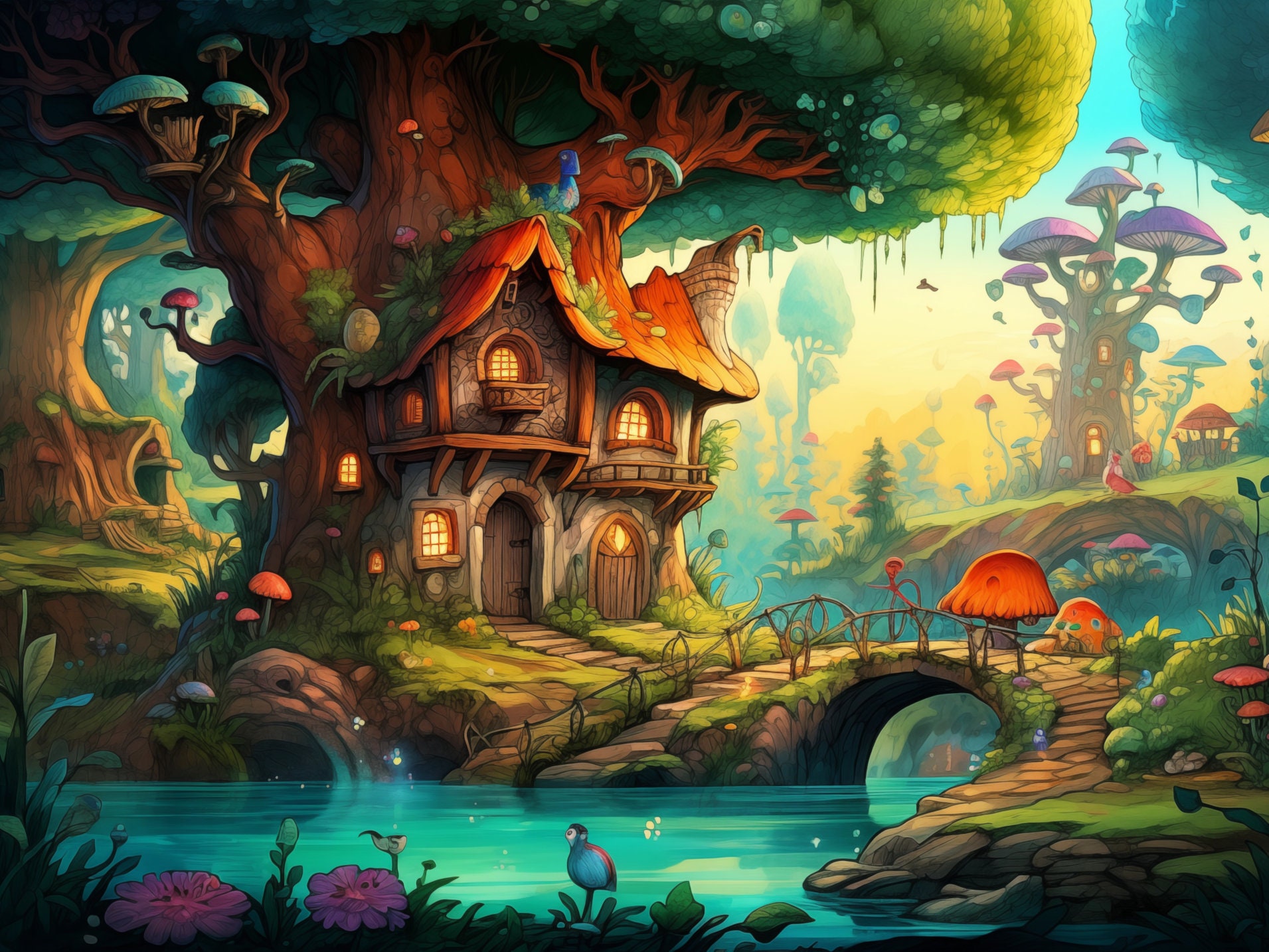 Whimsical Enchanted Forest Wall Art, Magical Riverside Cottage Painting ...