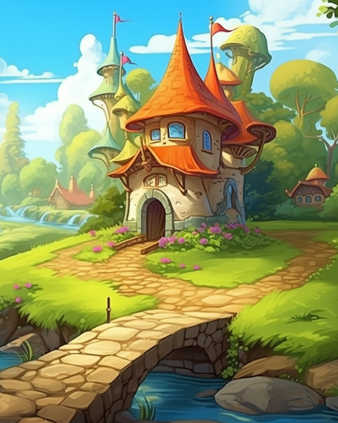 Charming Enchanted Forest Wall Art, Vibrant Riverside Cottage Painting ...