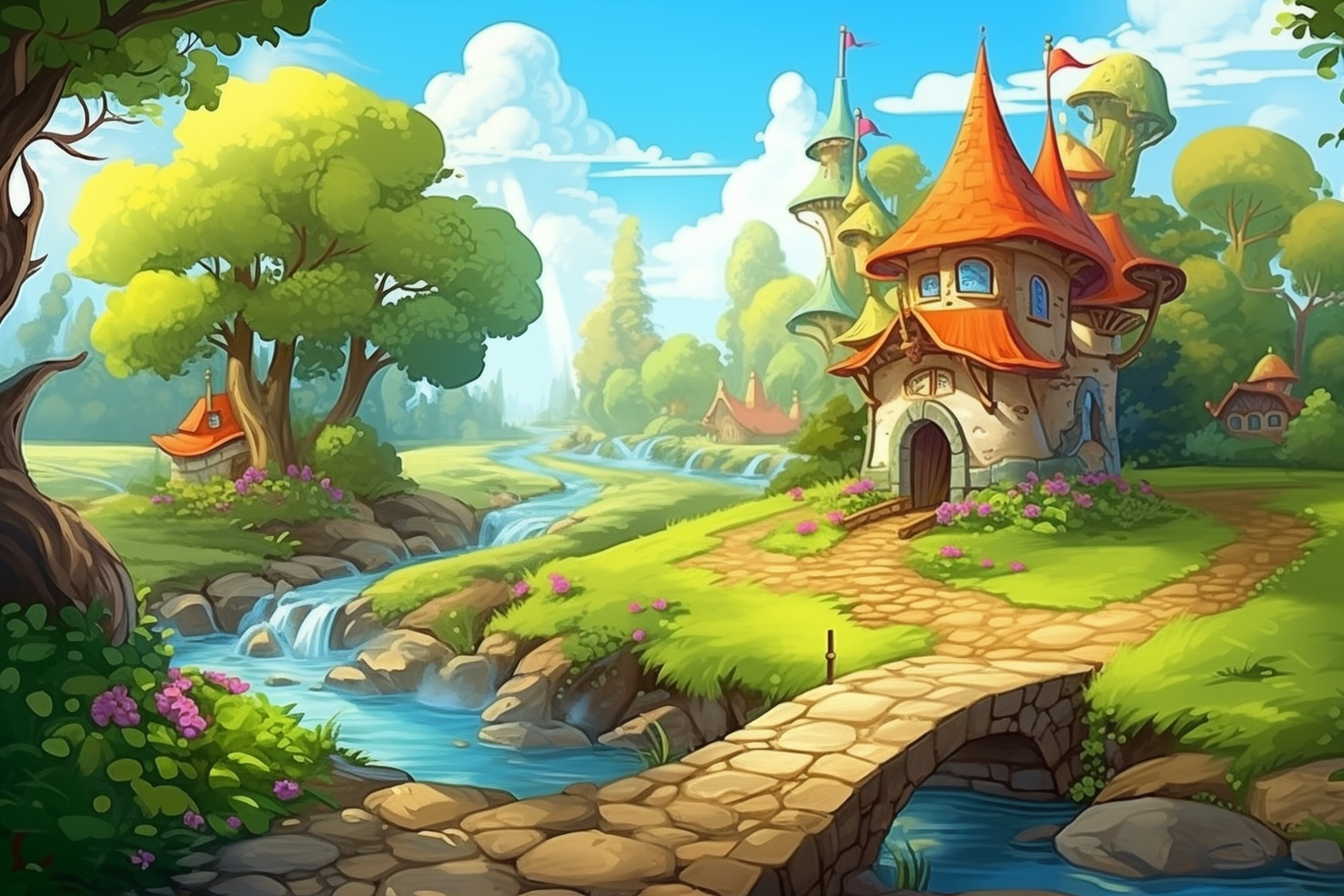 Charming Enchanted Forest Wall Art, Vibrant Riverside Cottage Painting ...