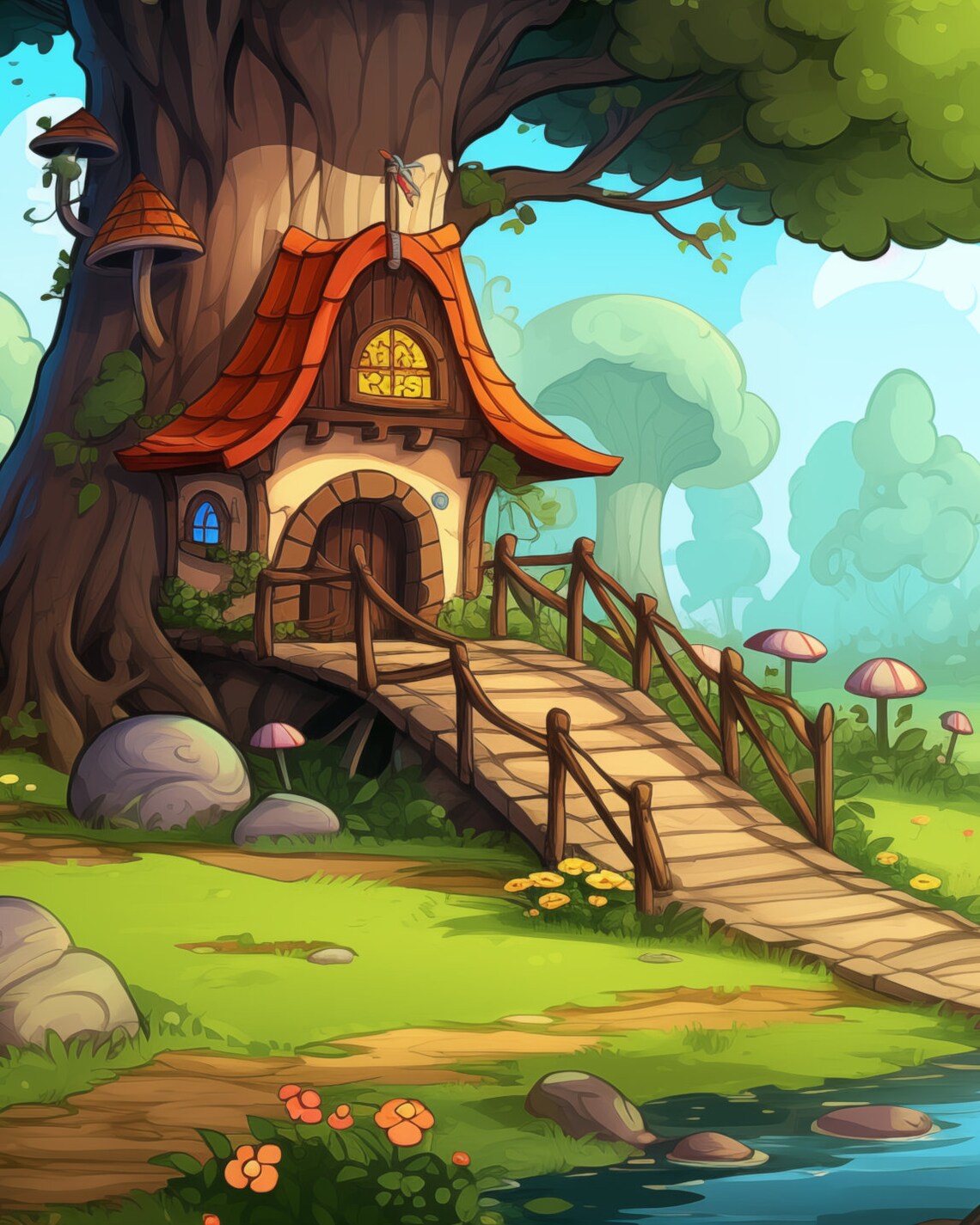 Fantasy Enchanted Treehouse Wall Art, Vibrant Riverside Cottage ...