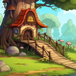 Fantasy Enchanted Treehouse Wall Art, Vibrant Riverside Cottage ...
