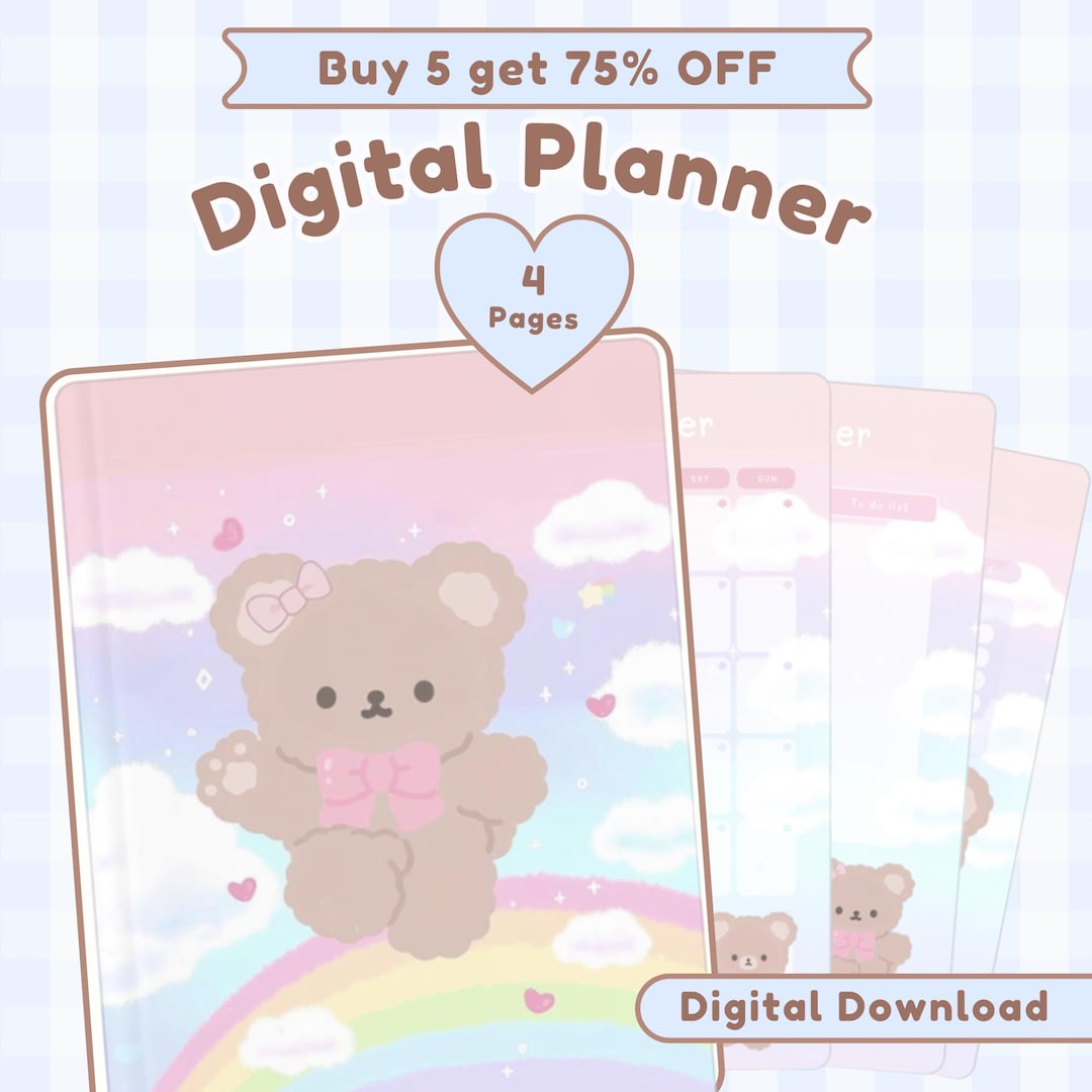 Cute Digital Planner Undated Kawaii Bear Pastel Goodnotes Planner ...