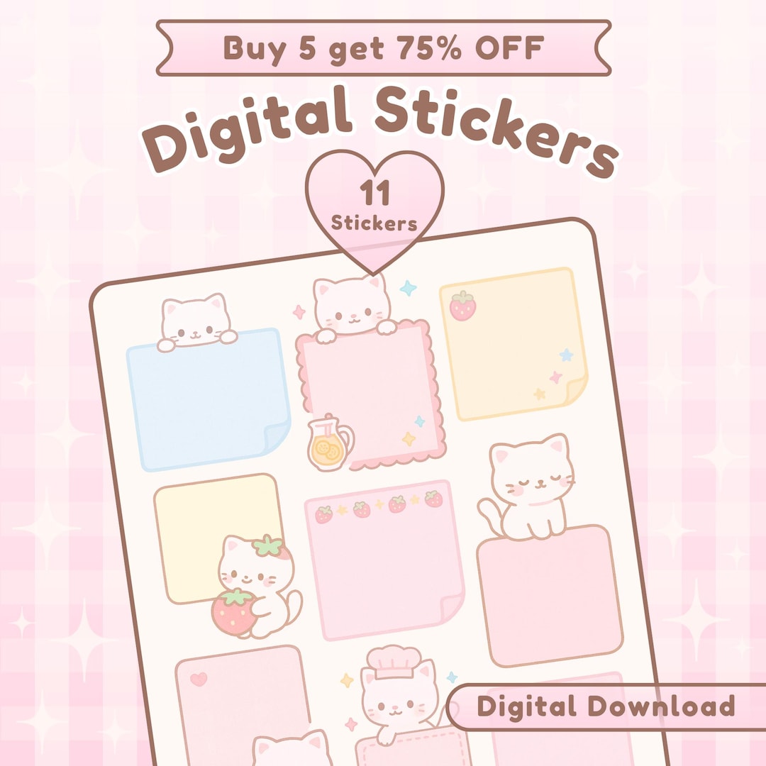 Pastel Kawaii Cute Digital Sticky Notes Cute Cat Digital Sticky Notes ...