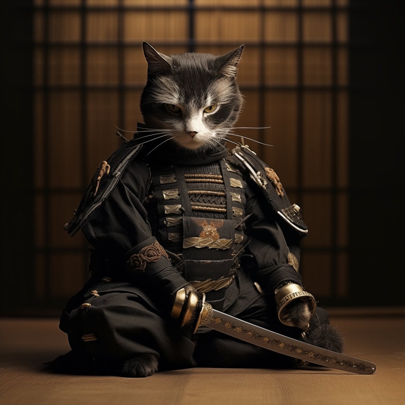 Samurai Cat Art Download Printable Bushido Cat Image Katana Warrior Digital Poster - Etsy