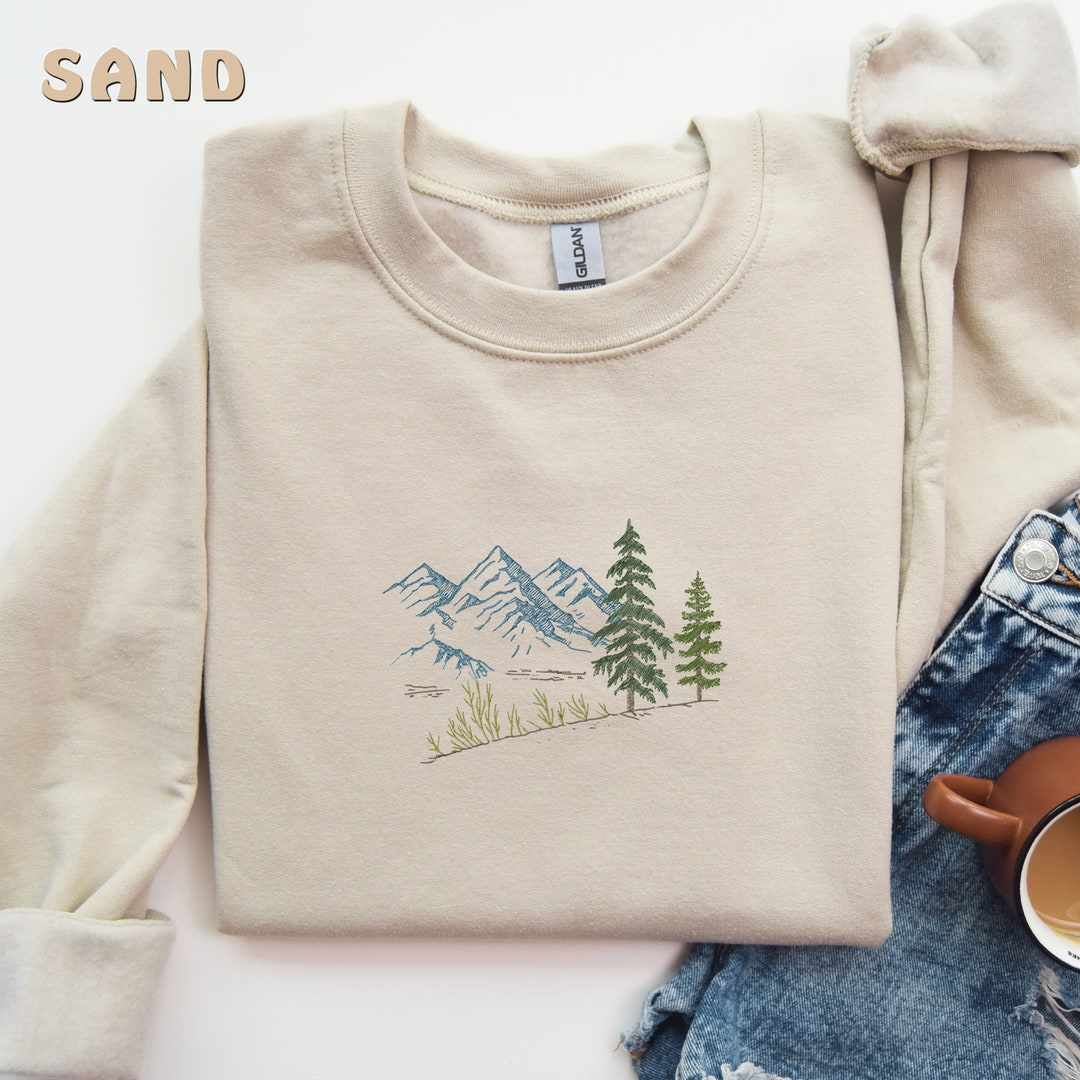 Nature Embroidered Sweatshirt, Pine Tree and Mountain Silhouette ...