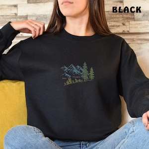 Nature Embroidered Sweatshirt, Pine Tree and Mountain Silhouette ...