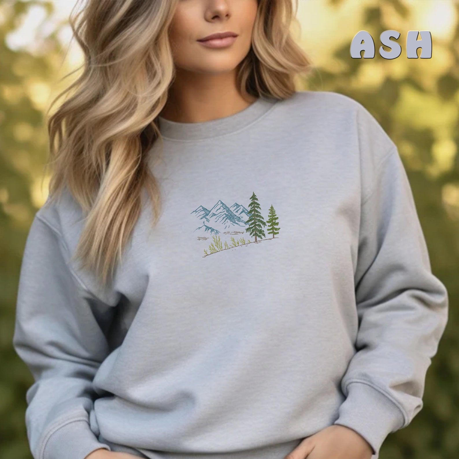Nature Embroidered Sweatshirt, Pine Tree and Mountain Silhouette ...