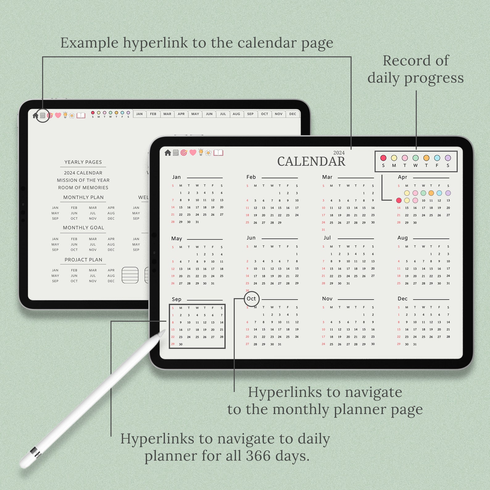 Digital Planner 2024 : Minimal Green Color | Weekly, Yearly, and Hyperlink Planner | Project ...