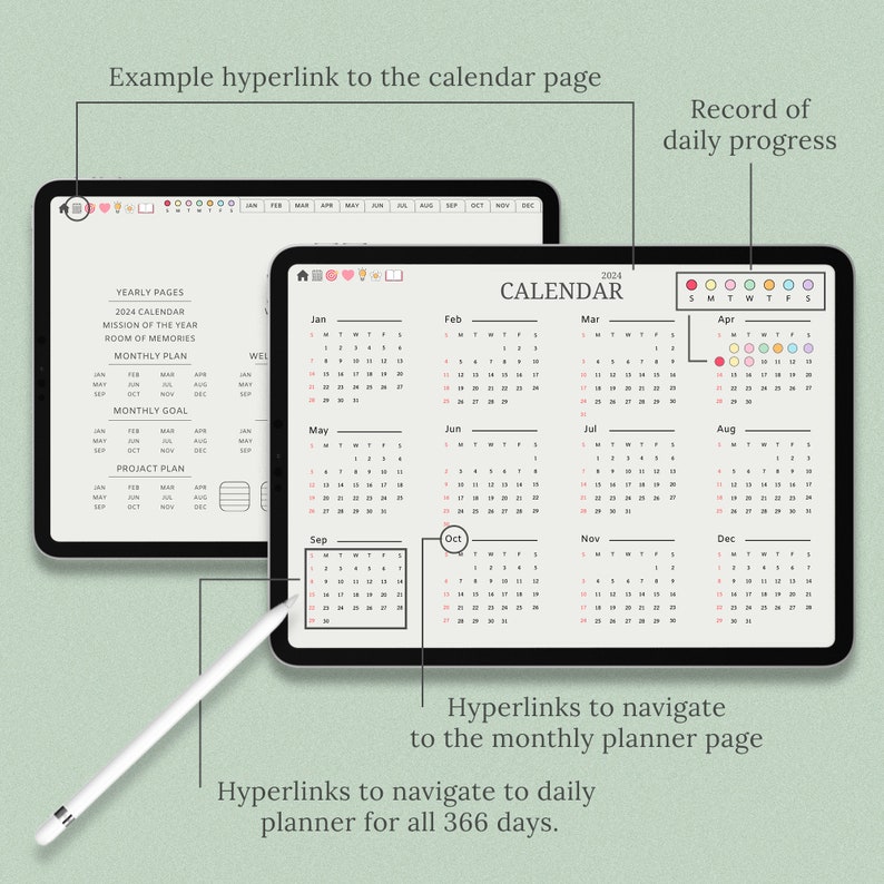 Digital Planner 2024 : Minimal Green Color | Weekly, Yearly, and ...