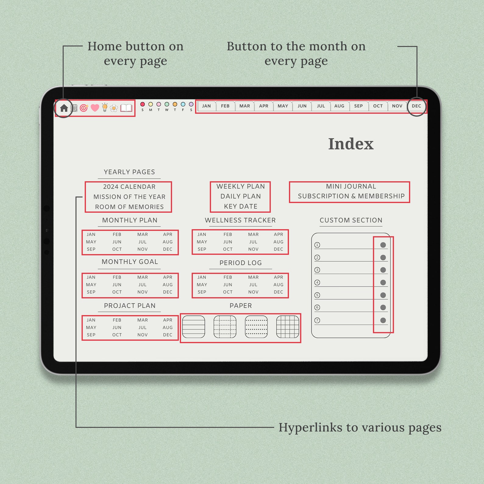 Digital Planner 2024 : Minimal Green Color | Weekly, Yearly, and Hyperlink Planner | Project ...