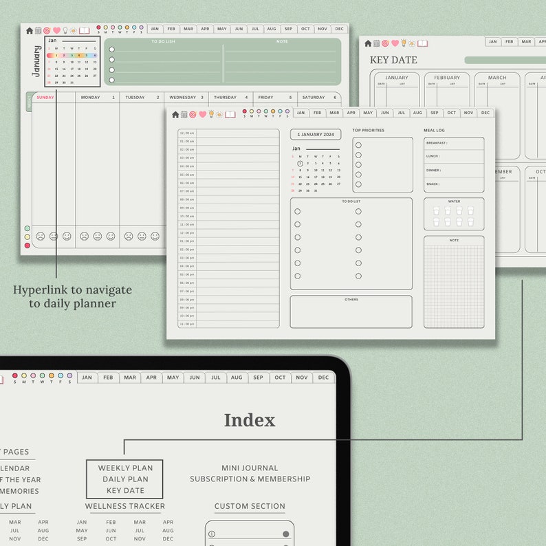 Digital Planner 2024 : Minimal Green Color Weekly, Yearly, and Hyperlink Planner Project Record ...