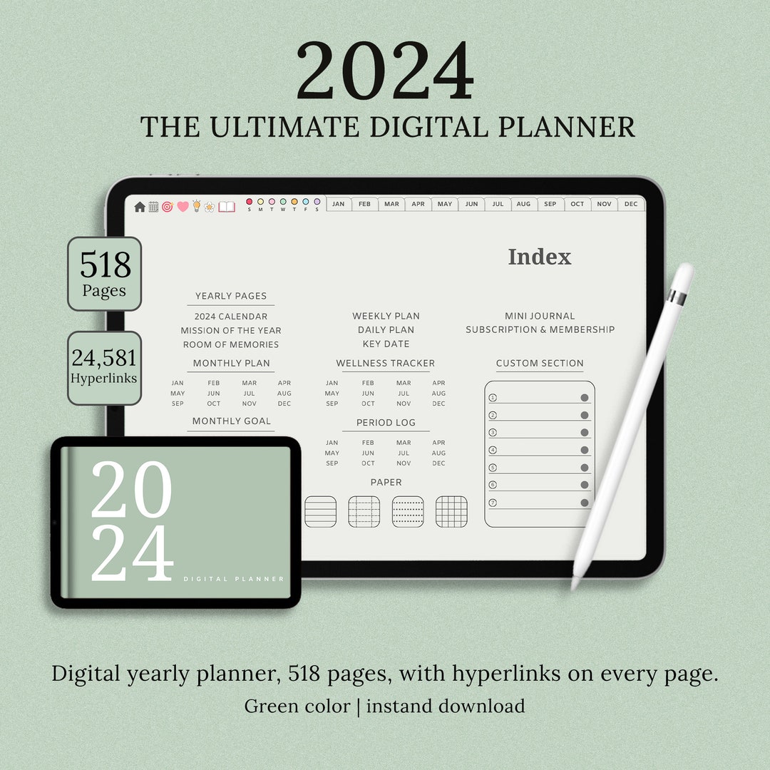 Digital Planner 2024 : Minimal Green Color | Weekly, Yearly, and ...