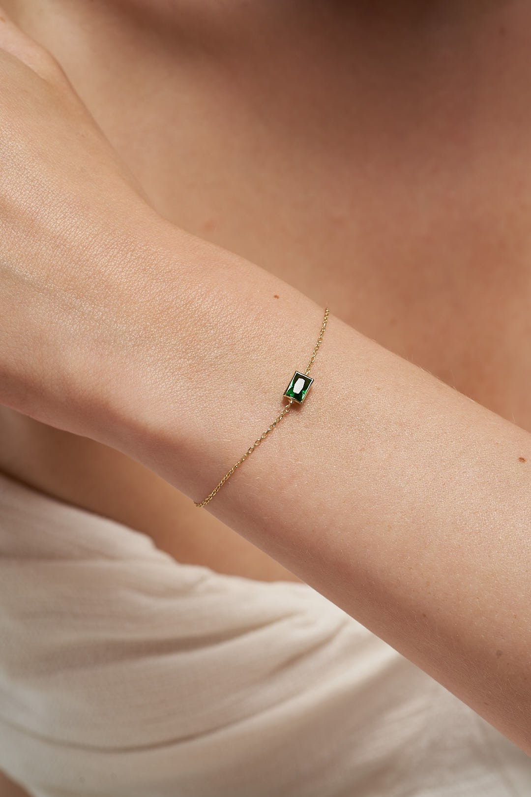 14K Solid Gold Emerald Cut Bracelet, Dainty Baguette Bracelet ...