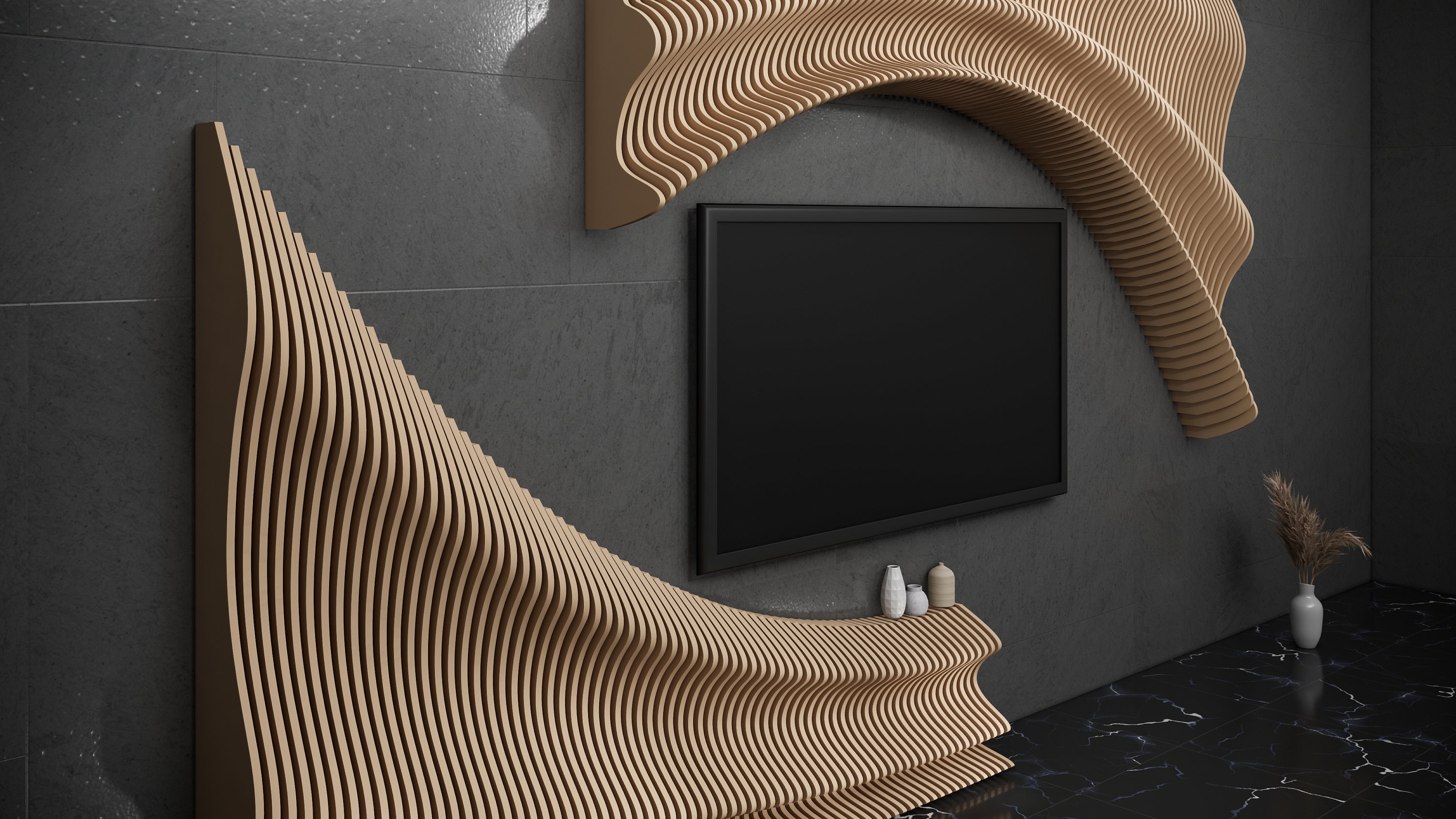 Parametric Wavy Wooden Tv Unit Shelf Tv Panel Design, Parametric ...