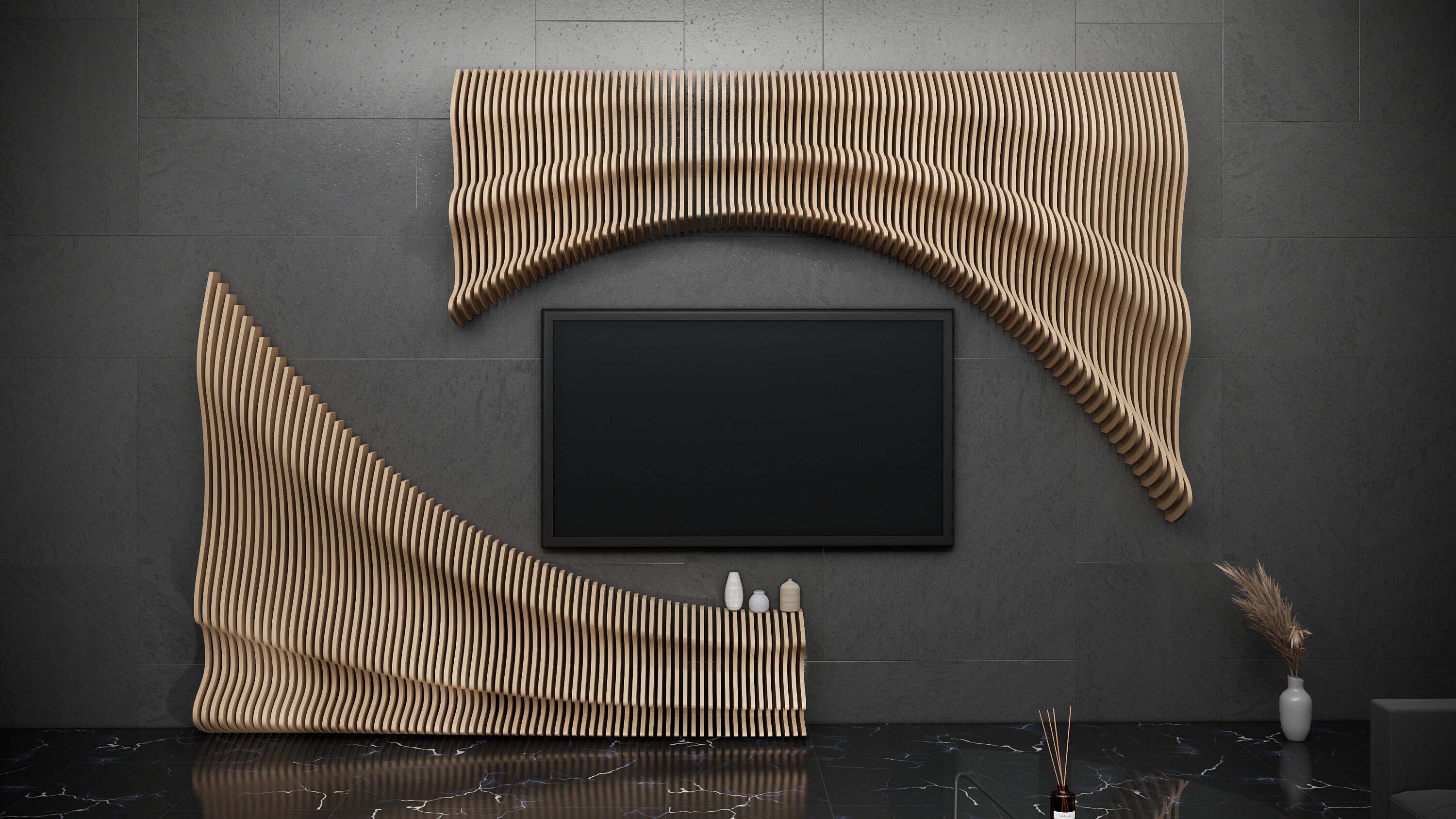 Parametric Wavy Wooden Tv Unit Shelf Tv Panel Design, Parametric ...