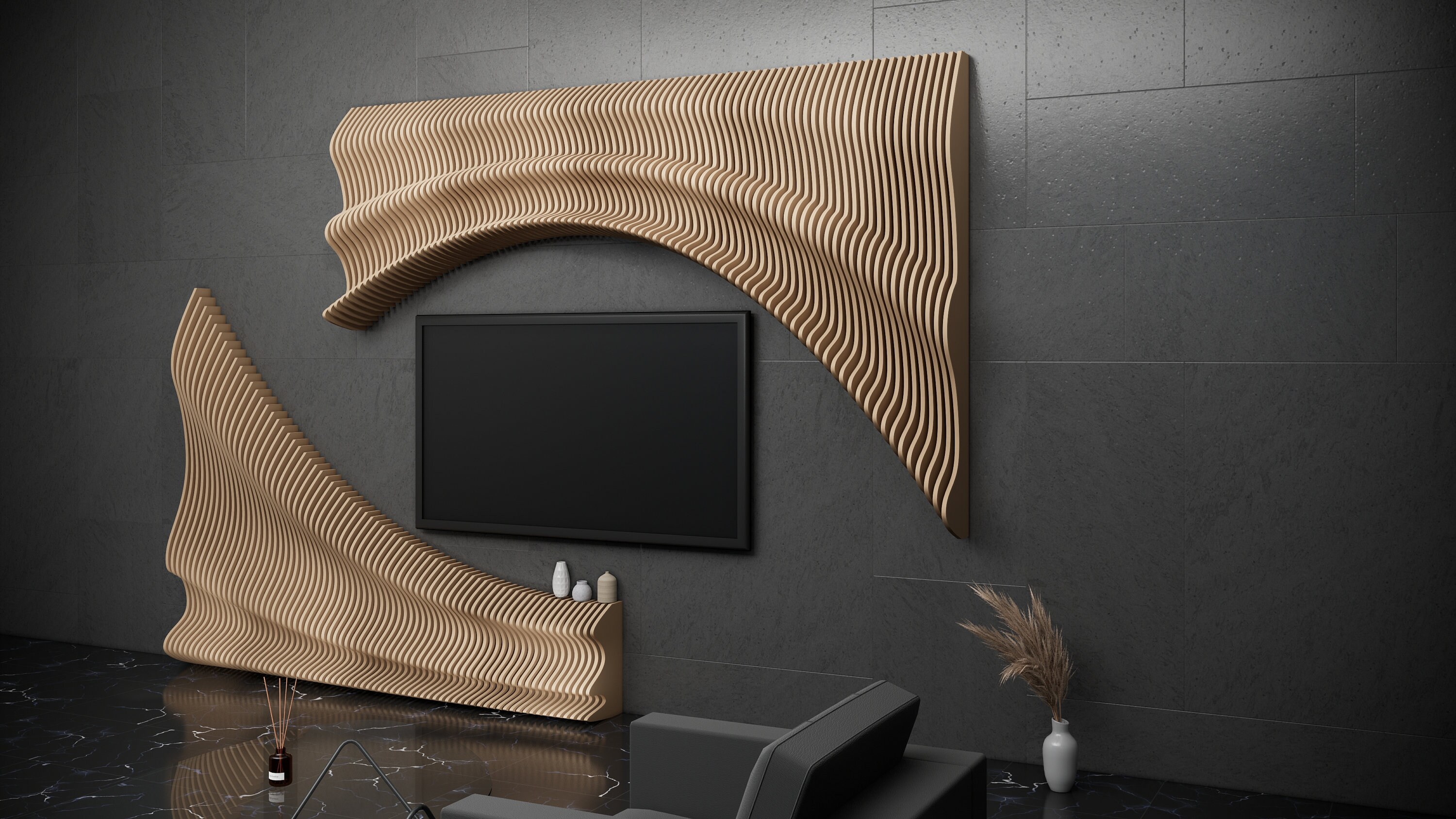 Parametric Wavy Wooden Tv Unit Shelf Tv Panel Design, Parametric ...