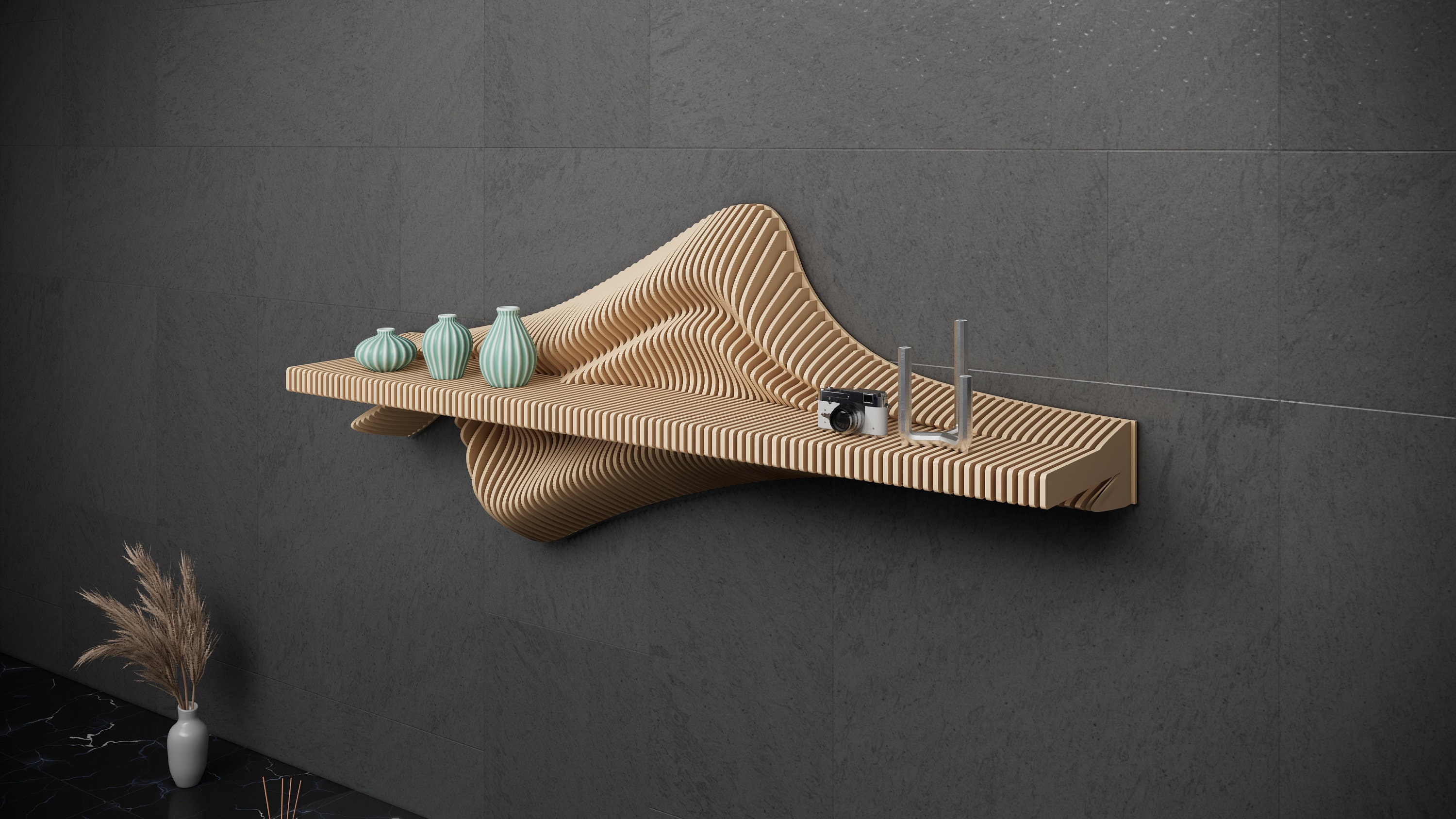 Parametric Wall Art Wavy Wooden Shelf Decor & Modern Furniture Design ...