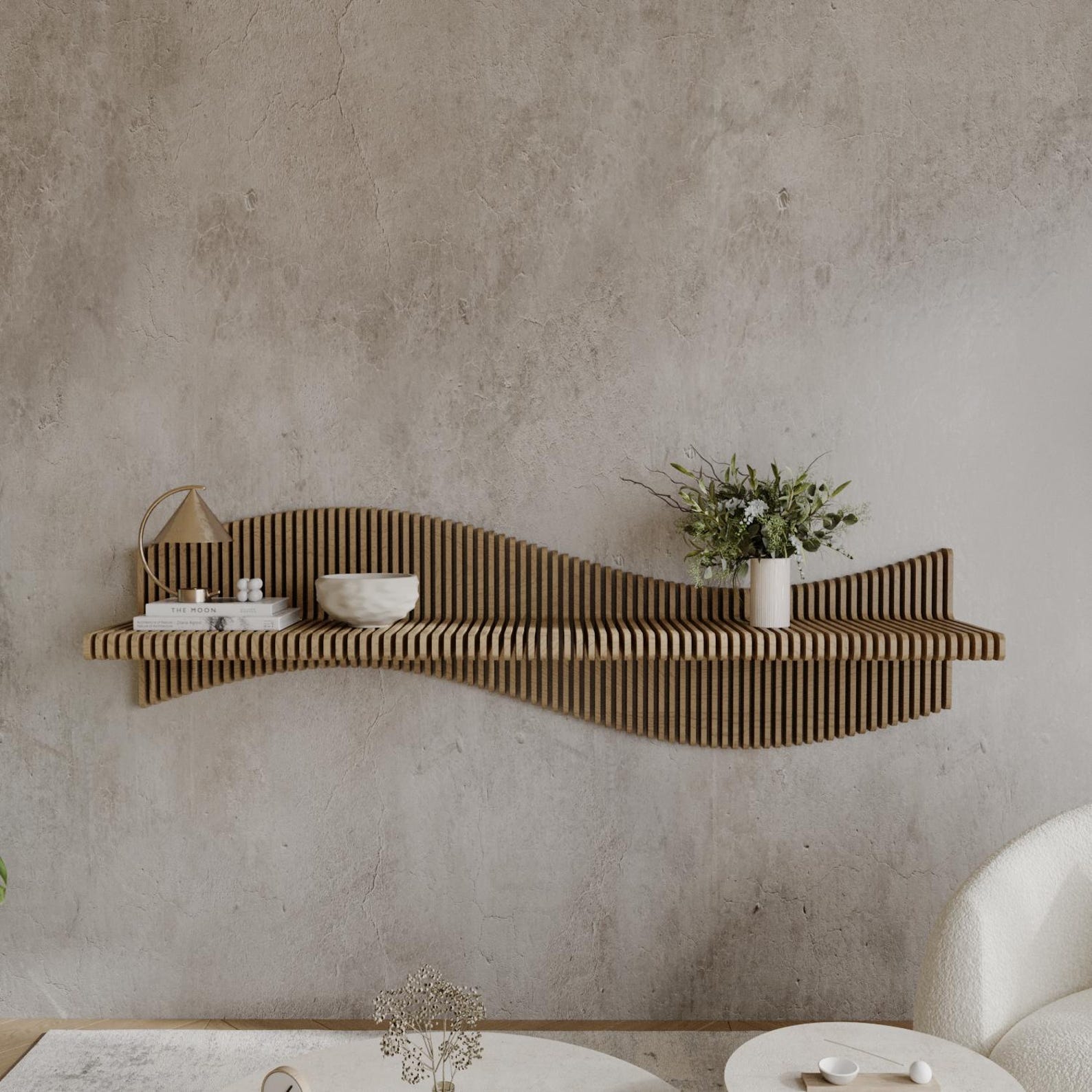 Parametric Wall Art Wavy Wooden Shelf Decor & Modern Furniture Design ...