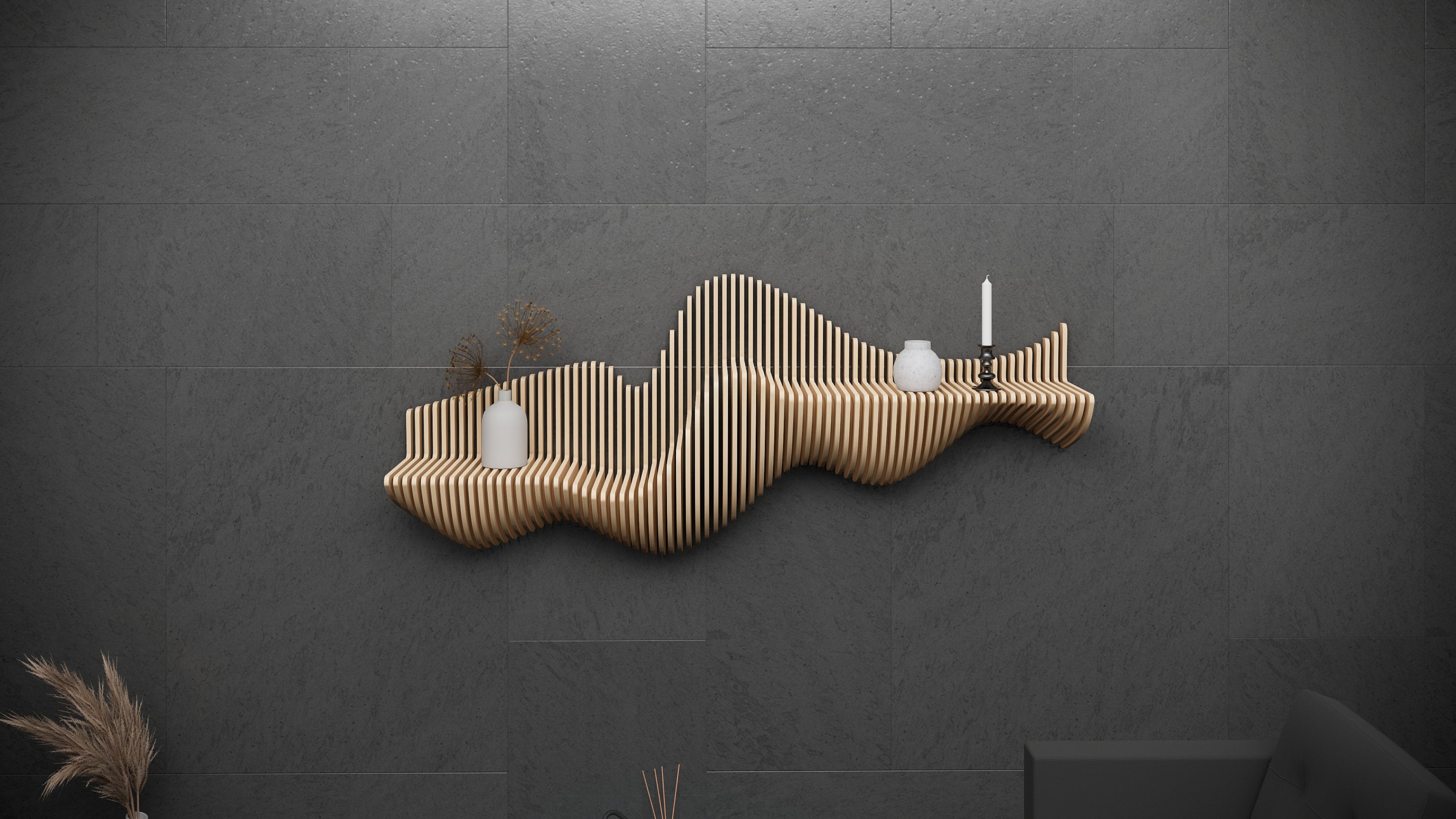 Parametric Wall Art Wavy Wooden Shelf Decor & Modern Furniture Design ...
