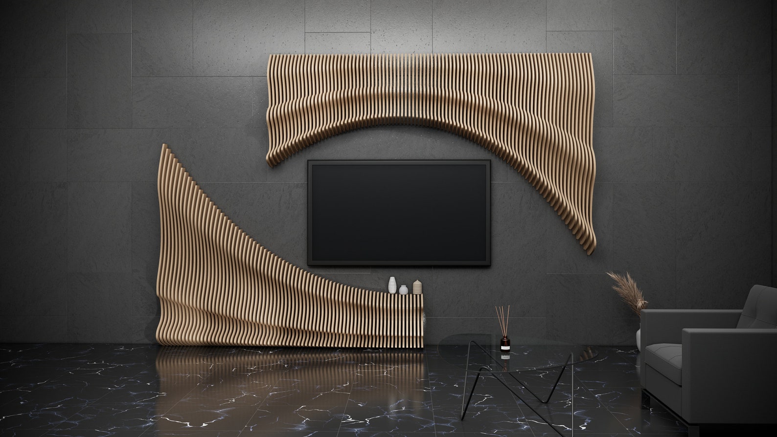 Parametric Wavy Wooden Tv Unit Shelf Tv Panel Design, Parametric ...