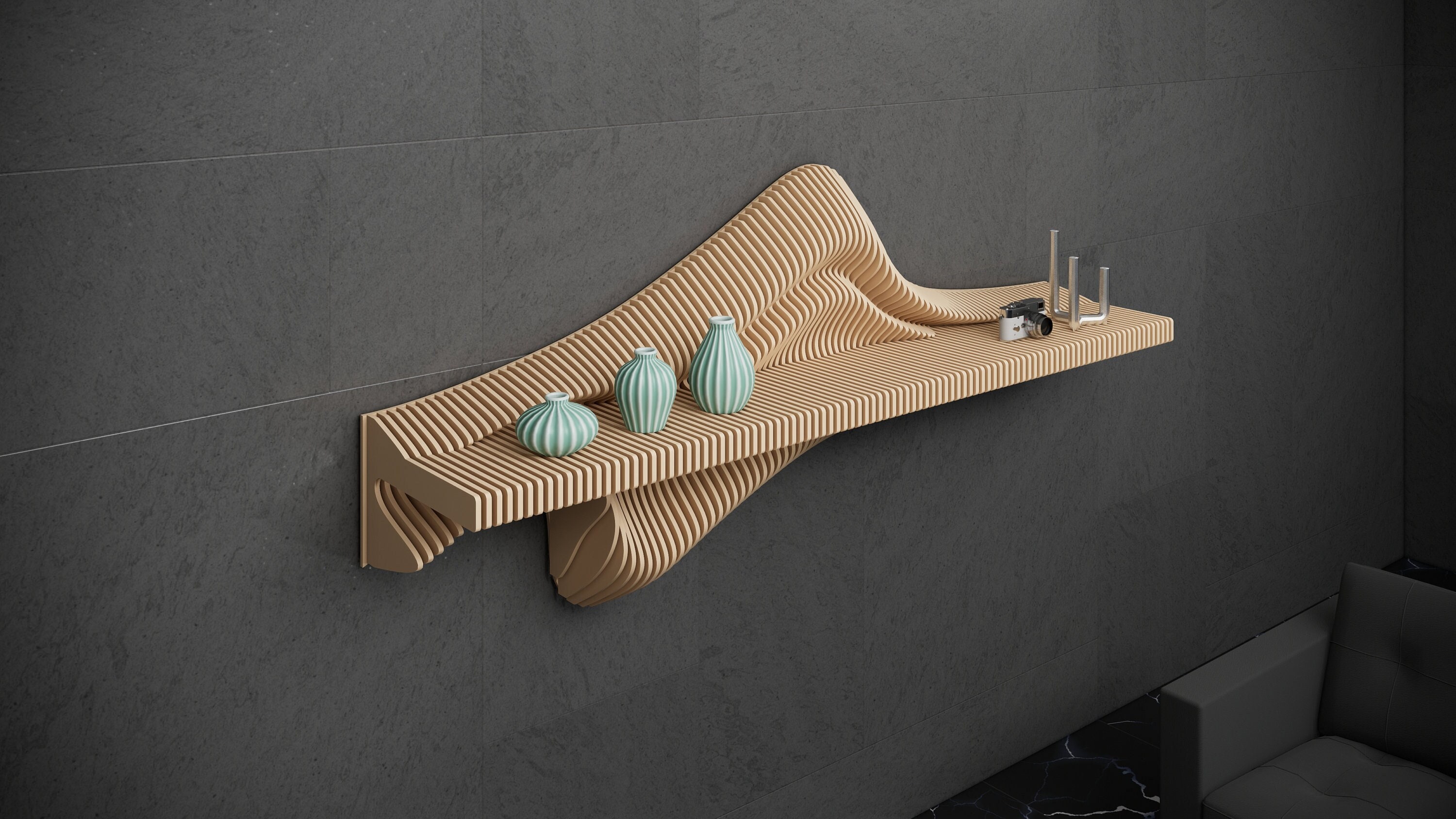 Parametric Wall Art Wavy Wooden Shelf Decor & Modern Furniture Design ...