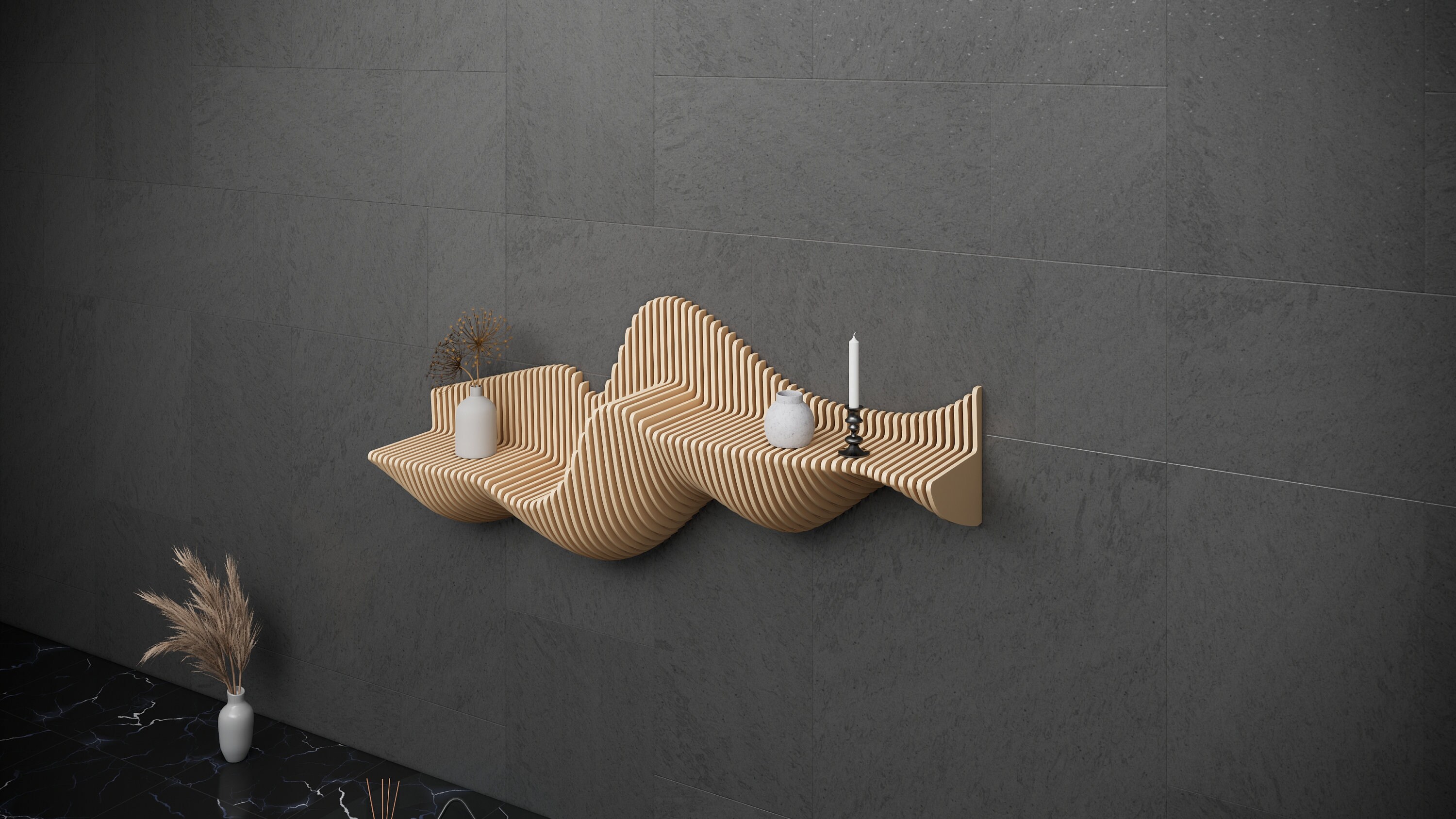 Parametric Wall Art Wavy Wooden Shelf Decor & Modern Furniture Design ...