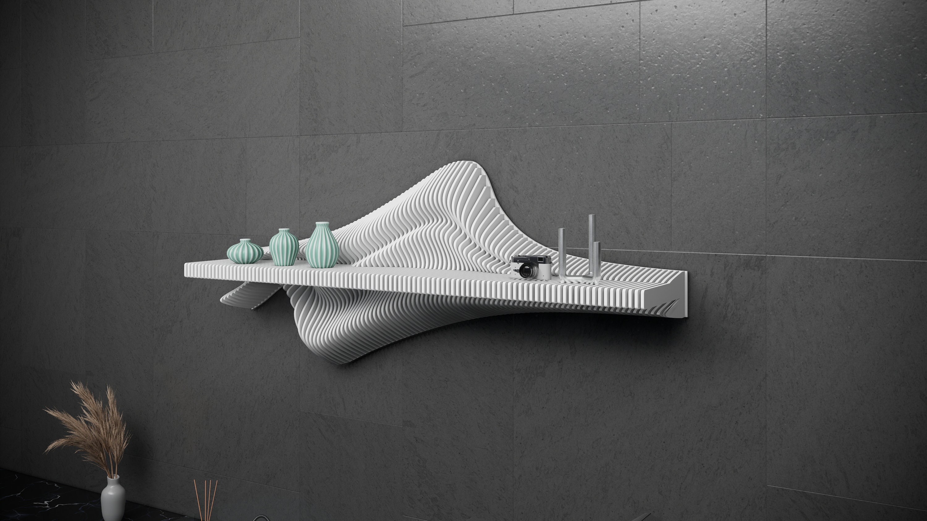 Parametric Wall Art Wavy Wooden Shelf Decor & Modern Furniture Design ...
