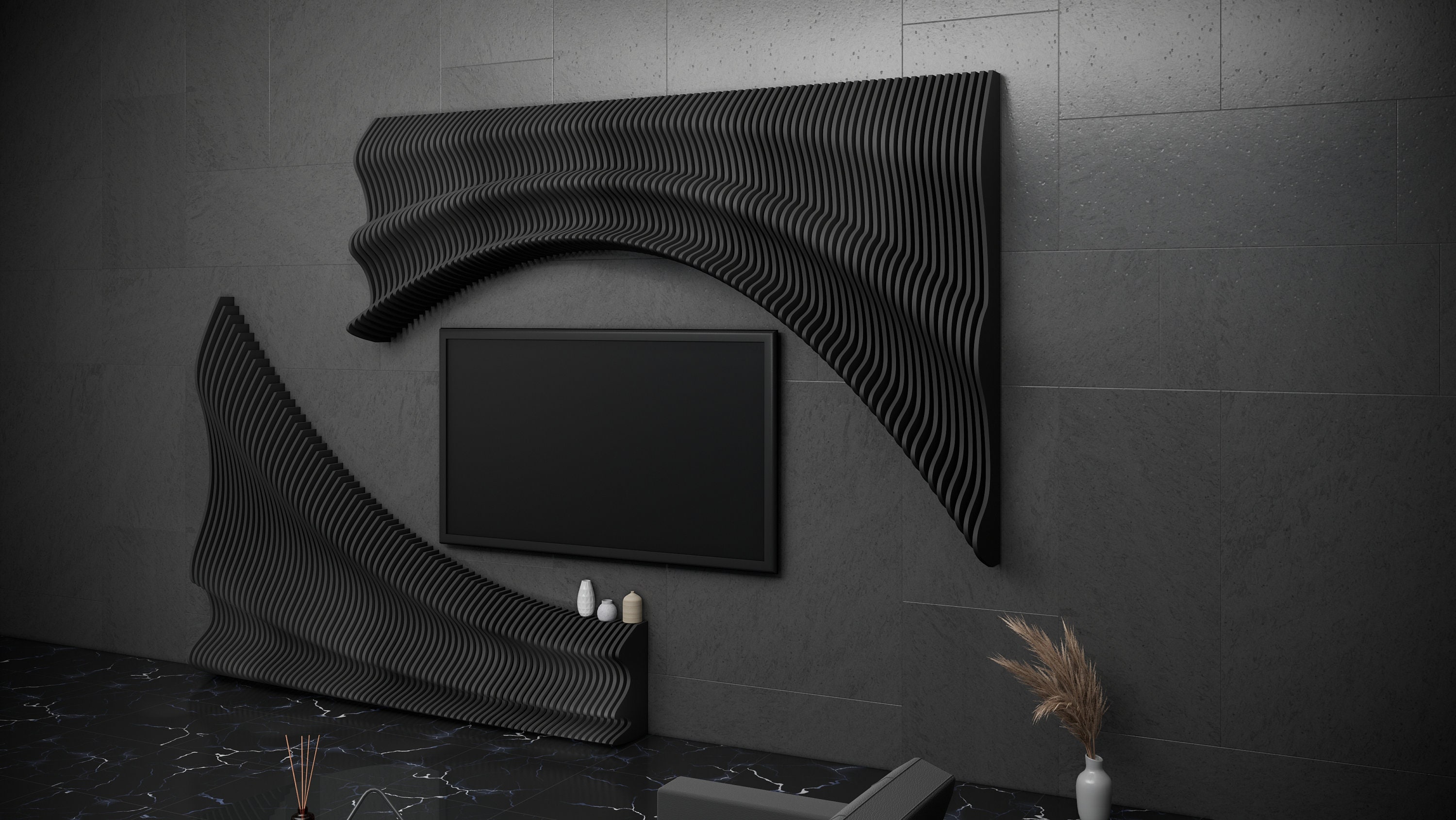 Parametric Wavy Wooden Tv Unit Shelf Tv Panel Design, Parametric ...