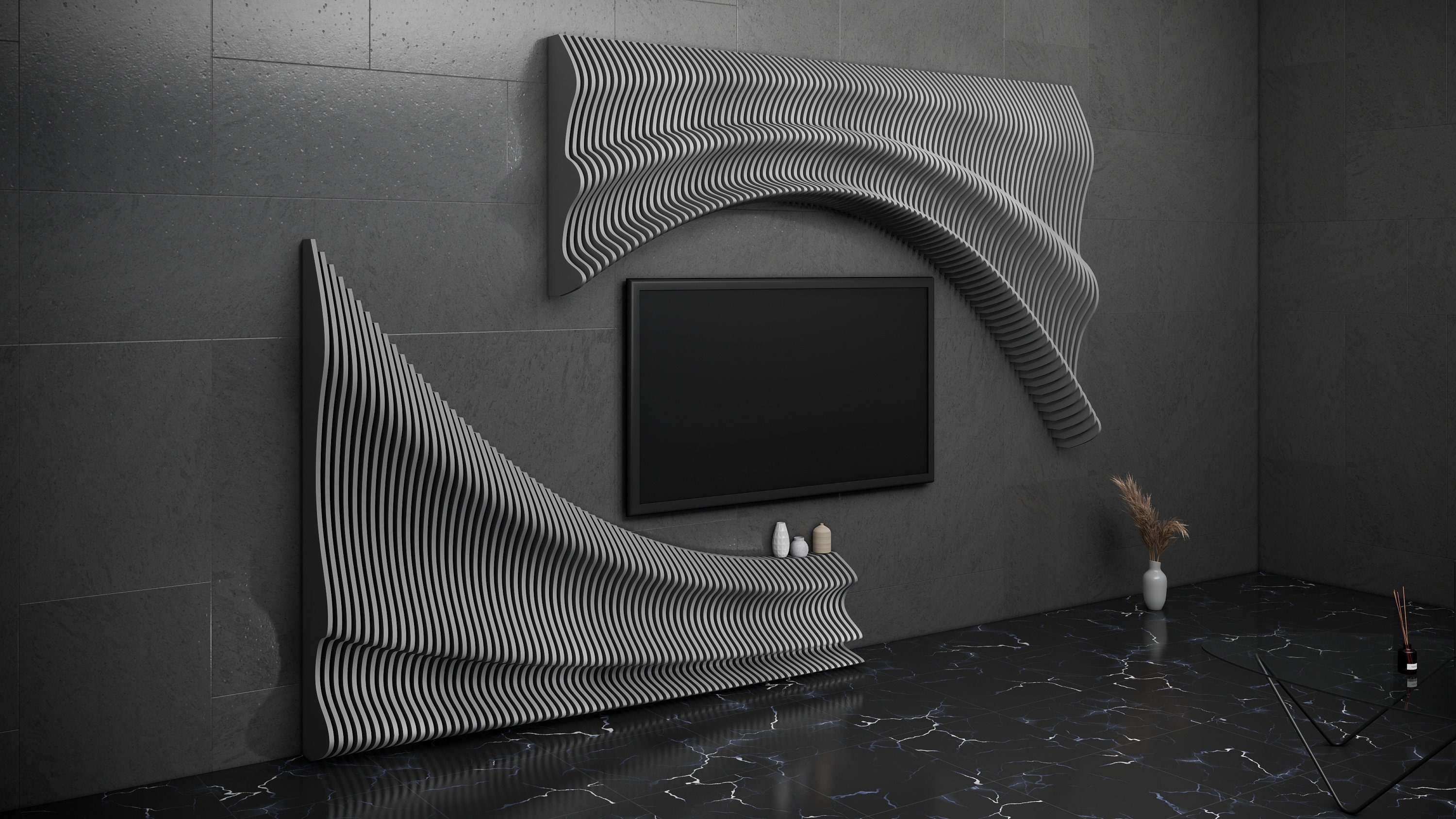 Parametric Wavy Wooden Tv Unit Shelf Tv Panel Design, Parametric ...