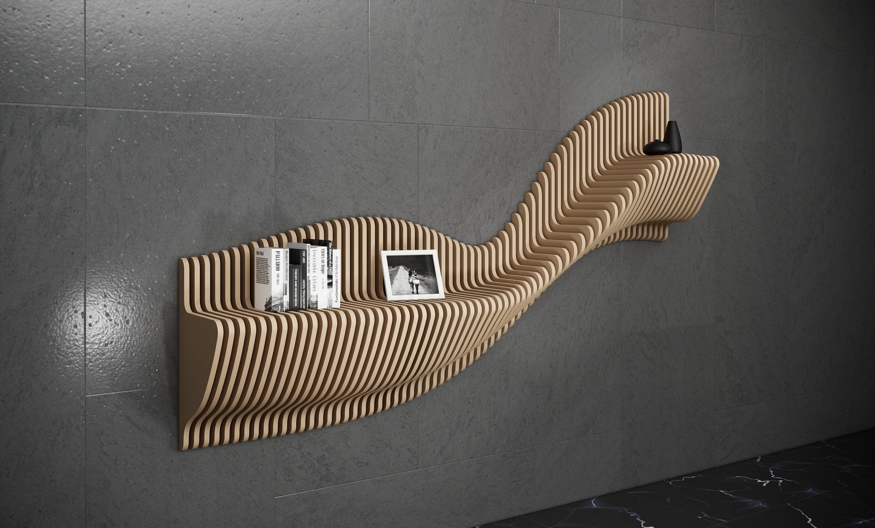 Parametric Wall Art Wavy Wooden Shelf Decor & Modern Furniture Design ...