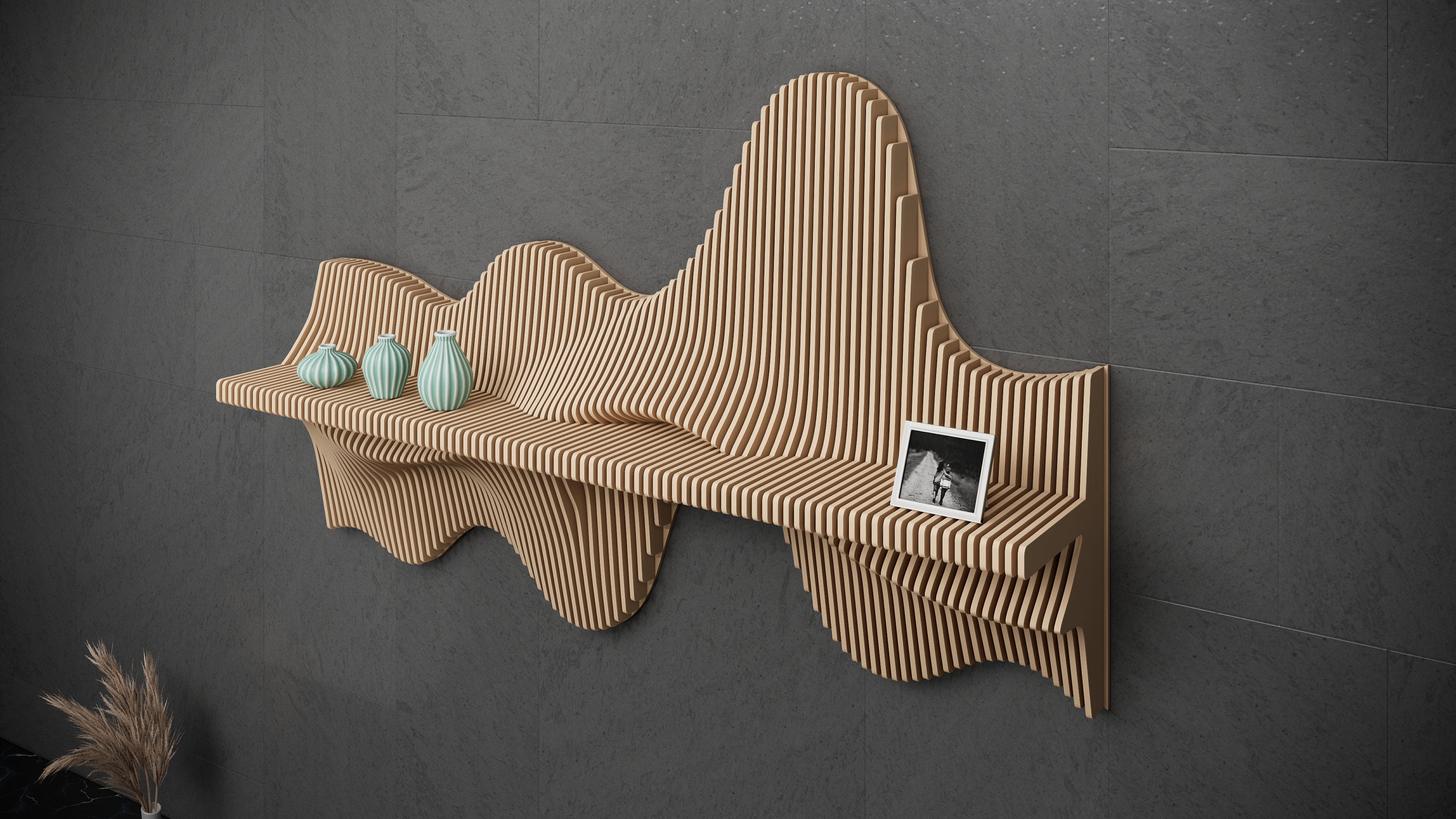 Parametric Wall Art Wavy Wooden Shelf Decor & Modern Furniture Design ...