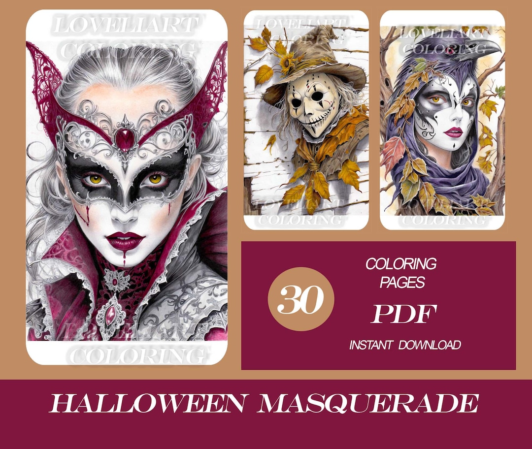 HALLOWEEN MASQUERADE: Grayscale Coloring Pages, Instant Download ...