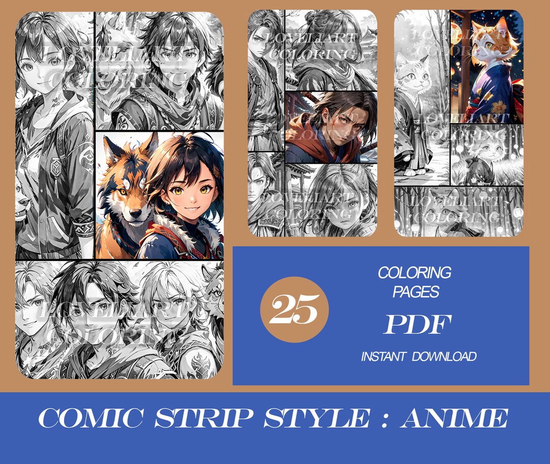 Comic Strip Style Anime: Grayscale Coloring Pages, Instant Download ...