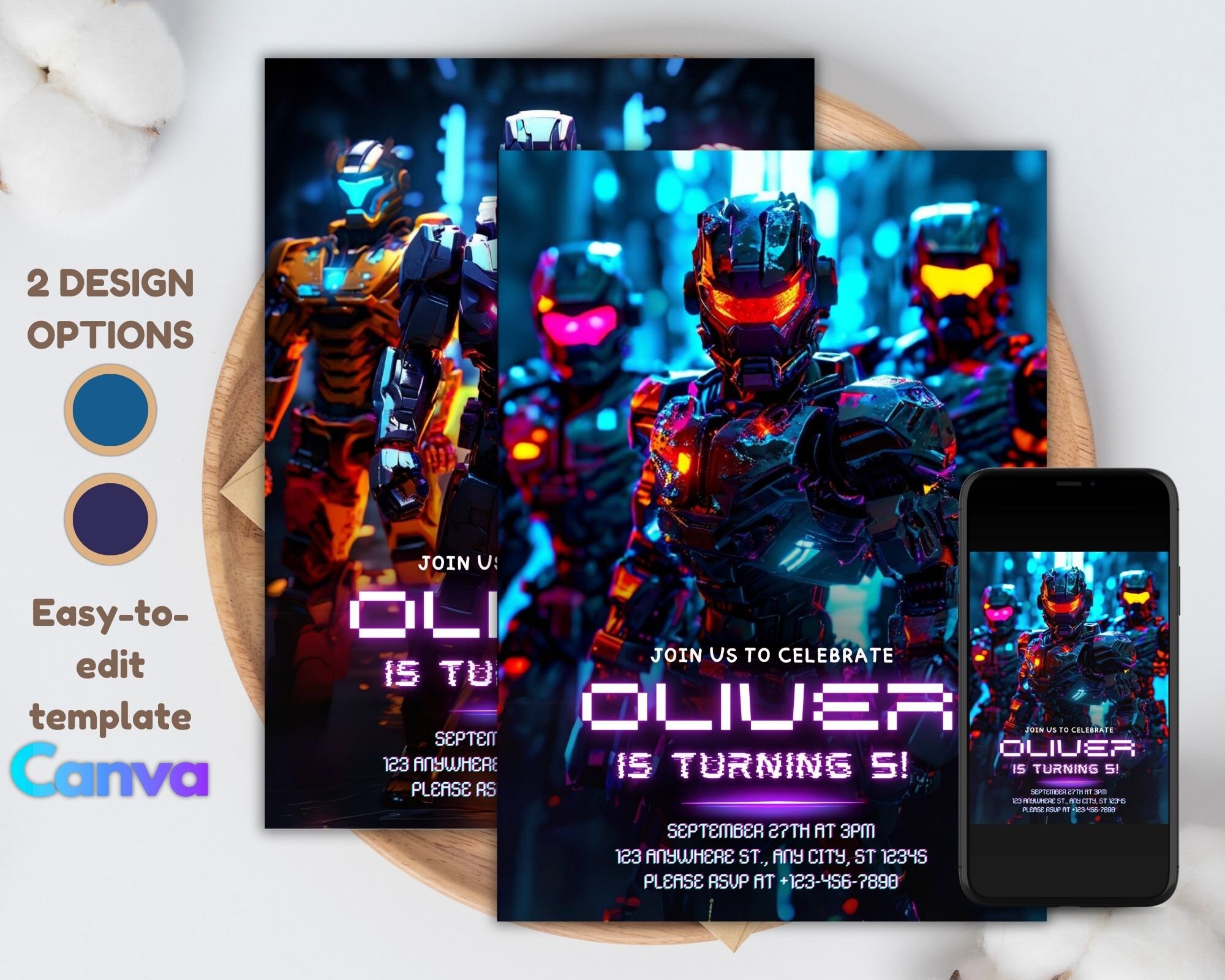 EDITABLE Robot Birthday Invitation, 5th Bday Invites Template ...