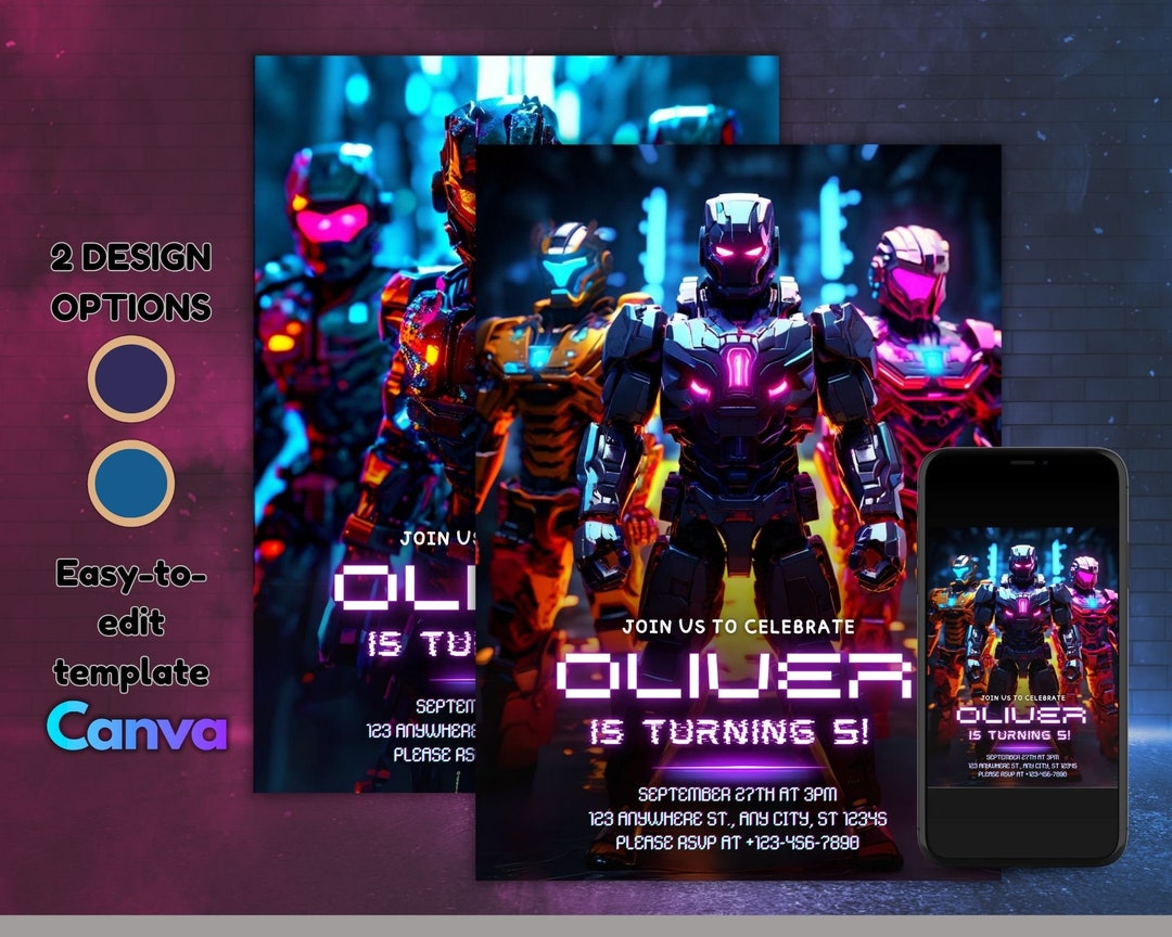 EDITABLE Robot Birthday Invitation, 5th Bday Invites Template ...