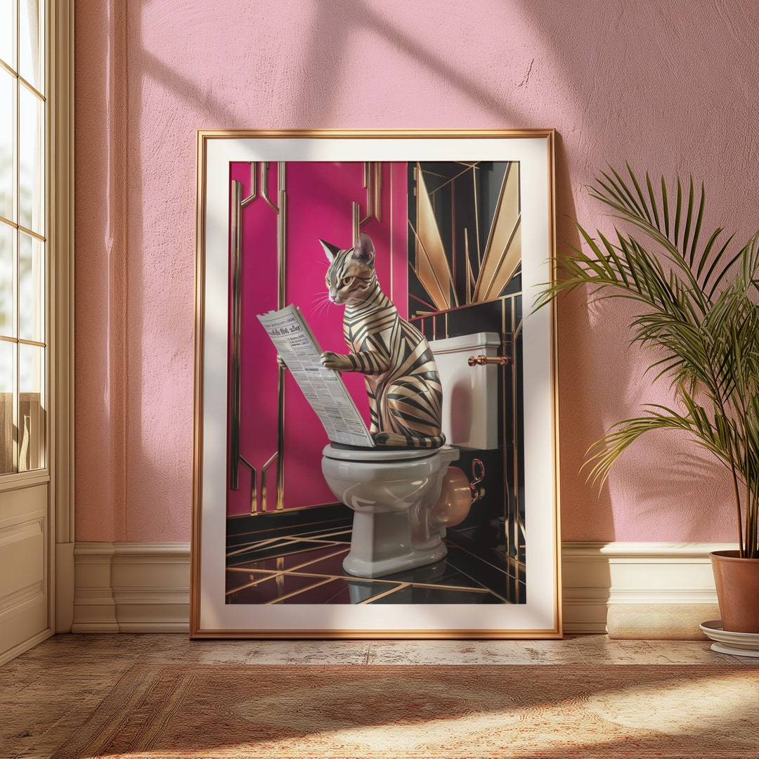 Bathroom Cat Reading Newspaper Poster for Toilet Wall Decor, Fuchsia Pink Bathroom Wall Art Deco ...